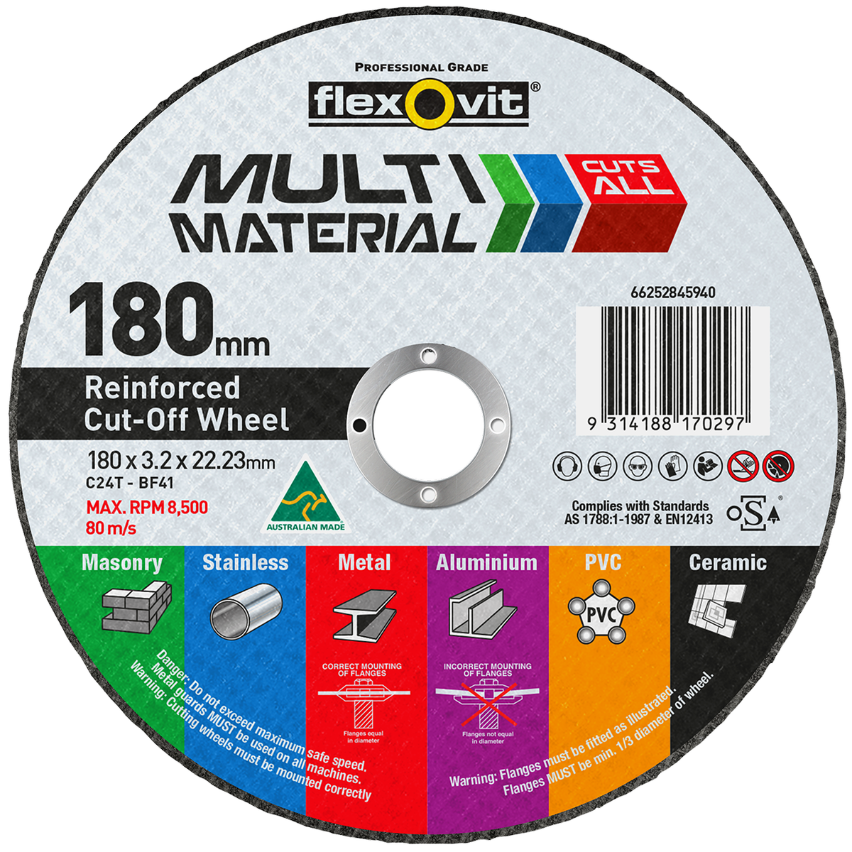 Flexovit 180 x 3.2 x 22.23mm Multi Material Reinforced Cut Off Wheel ...