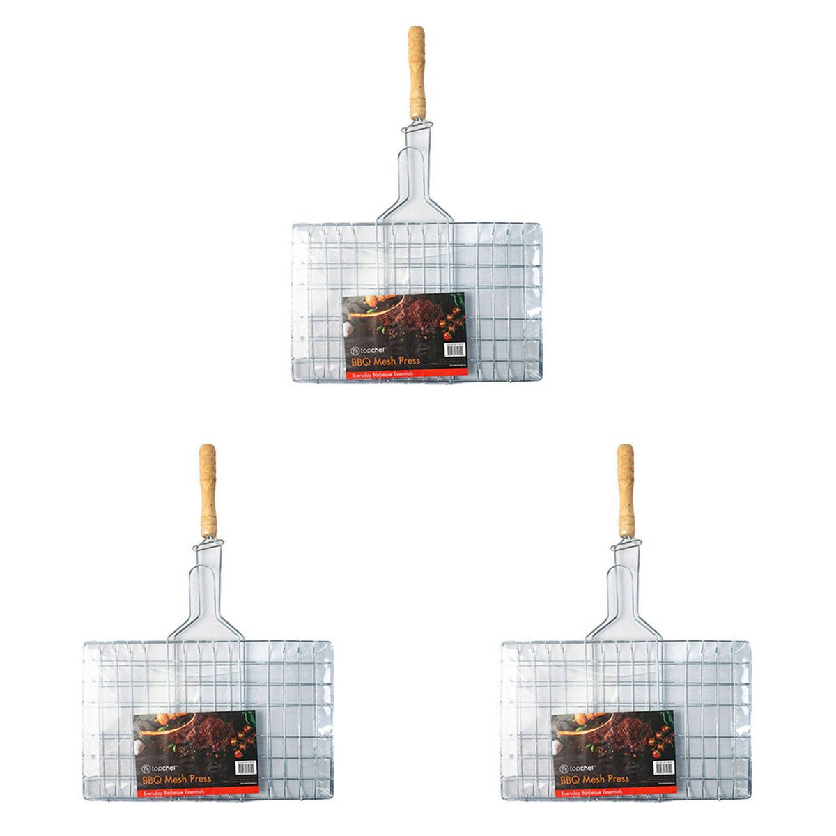 3PK Topchef Iron/Wood Barbeque Grilling Mesh Press Basket 31cm Silver ...