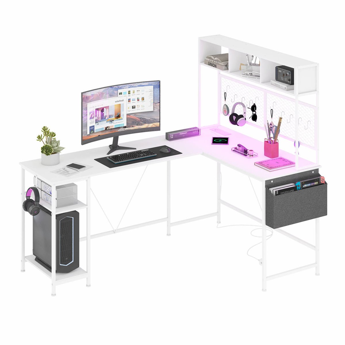 Advwin 170cm L Shaped Gaming Desk with LED Lights & Power Outlets ...