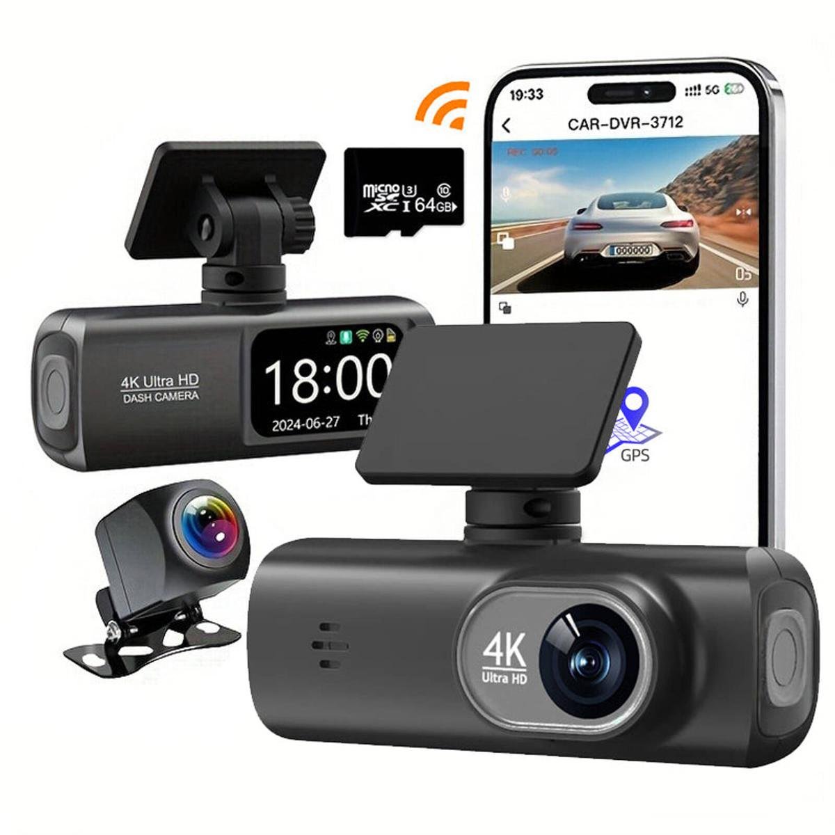 4K Front and Rear Dual Dash Cam WiFi GPS Car Camera with 64GB SD Card ...