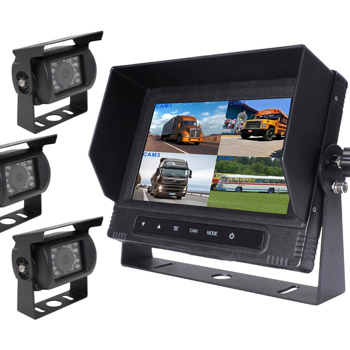 Elinz 7" Quad Screen Waterproof Monitor HD 12V/24V 3x Reversing CCD ...