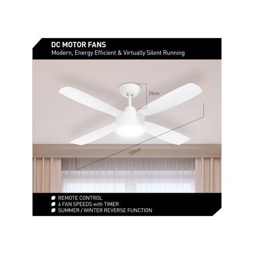 Arlec 120cm White Matte AER 4 Blade DC Ceiling Fan With LED Light ...