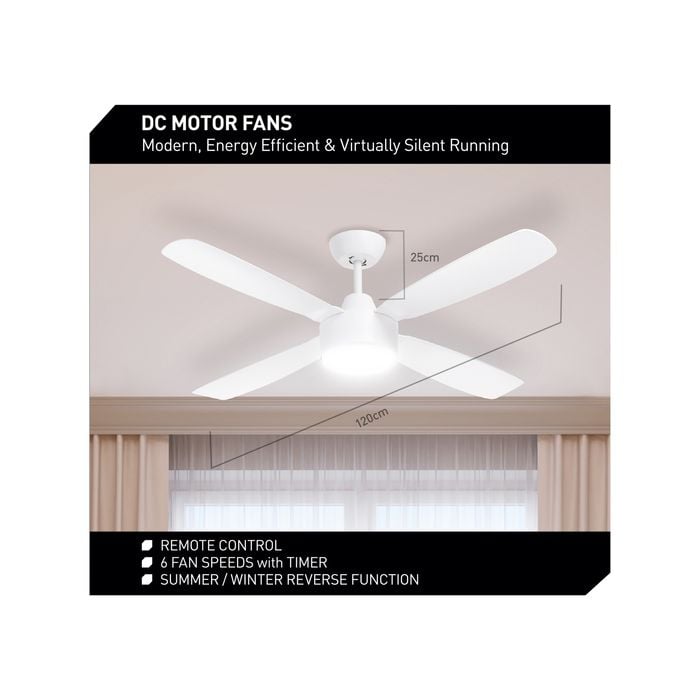 Arlec 120cm White Matte AER 4 Blade DC Ceiling Fan With LED Light ...
