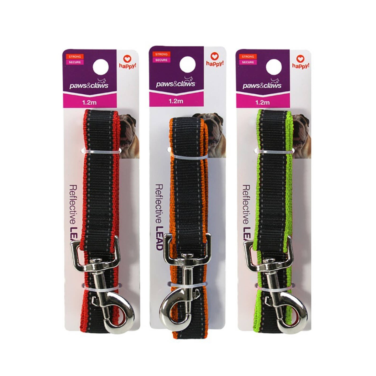3PK Paws & Claws Premium Reflective Edging 1.2m Lead - Assorted ...