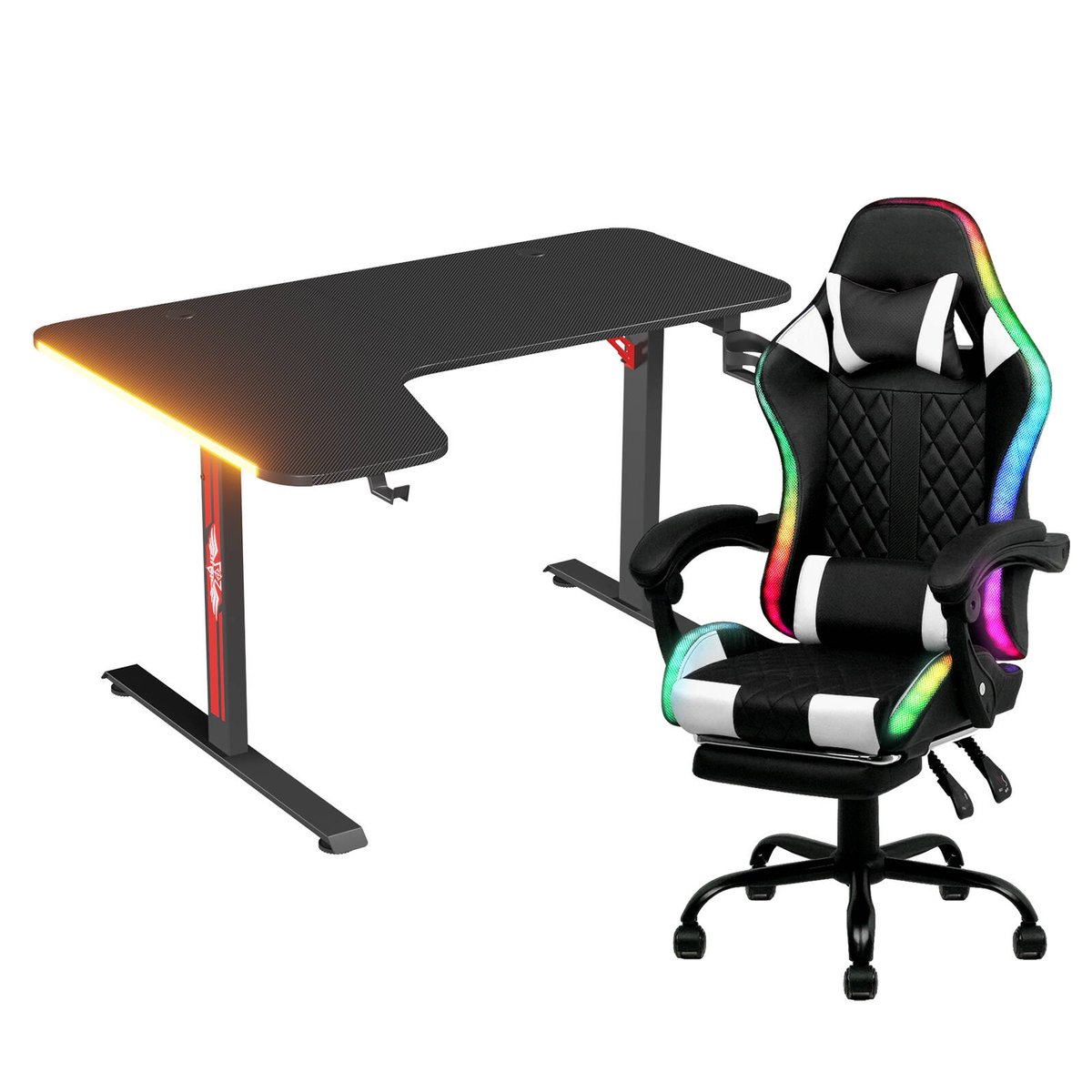 Advwin 140cm Black Gaming Desk RGB LED Light & Gaming Chair with ...