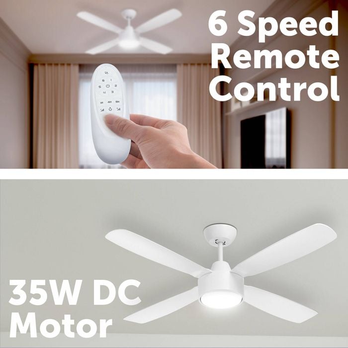 Arlec 120cm White Matte AER 4 Blade DC Ceiling Fan With LED Light ...