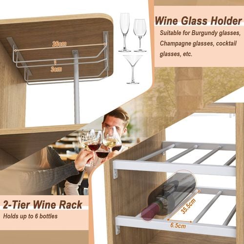 Costway 120cm Bar Table Stool Set Compact Dining Set w/Glass Holders & Wine Rack Natural ...