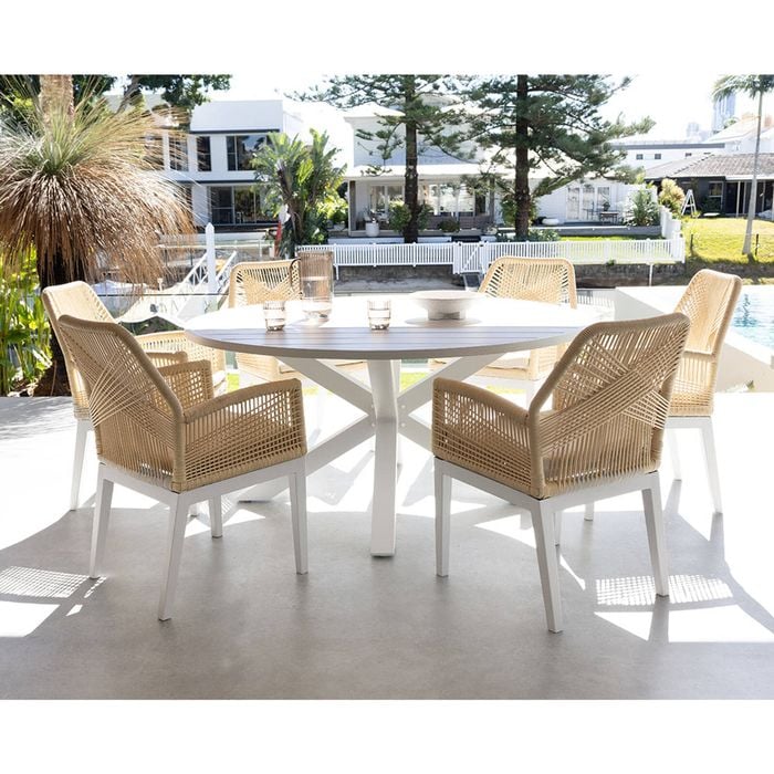 Houston Outdoor 1.5m Round Aluminium Dining Setting with 6 Hugo Chairs ...