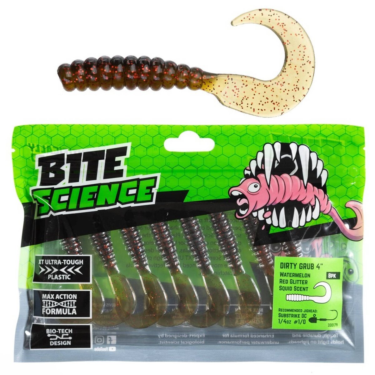8 Pack of 4 Inch Bite Science Dirty Grubs Soft Plastics - Watermelon ...