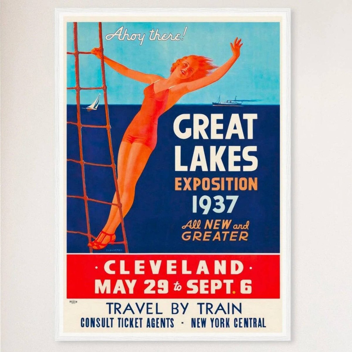Galrie 1937 Cleveland Great Lakes Exposition Vintage Travel Poster Artwork, White Frame, A4 21 x ...