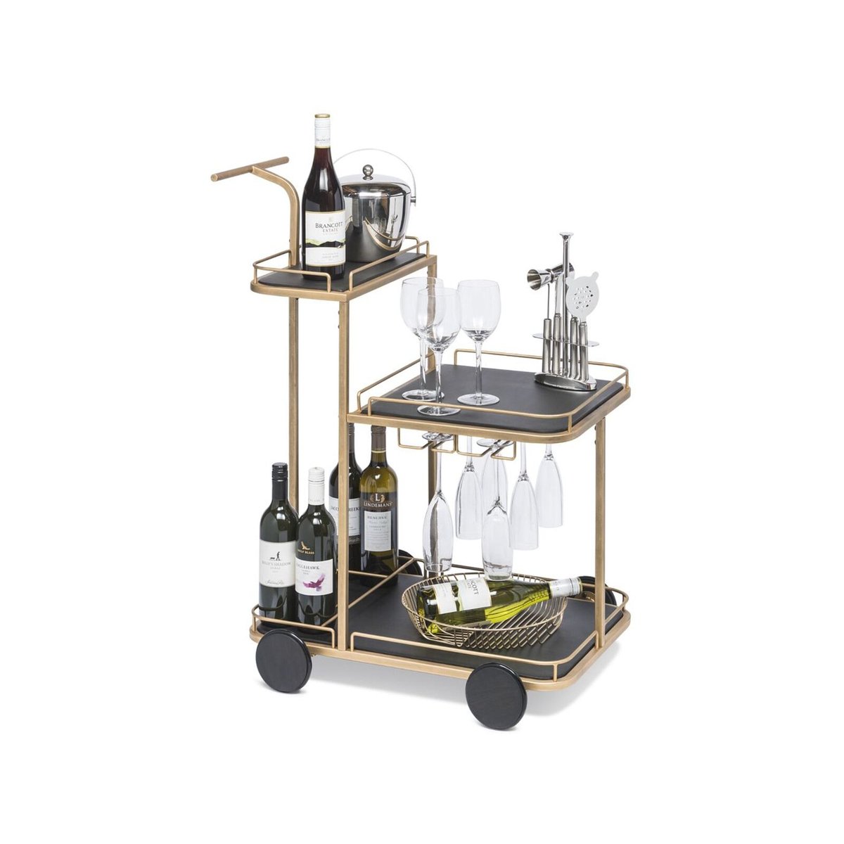 Lirash Black And French Brass Wooden 3-tier Bar Cart Drinks Trolley ...
