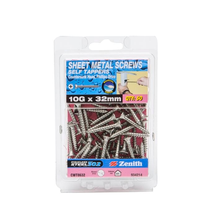 Zenith 10G x 32mm Stainless Steel Countersunk Head Sheet Metal Screws ...