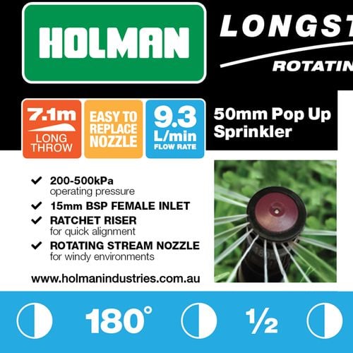 Holman 50mm Longstream Rotating Pop up Sprinkler 1/2 Circle - Bunnings ...