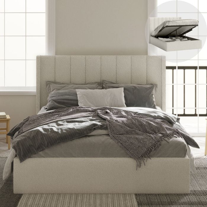 Emilie Queen Ivory White Boucle Gas Lift Storage Winged Bed Frame ...