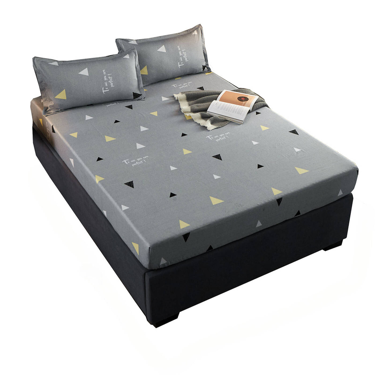 3pcs Bedding Set Printed Fitted Bed Sheet Mattress Protector and Pillowcase Gray-Triangle (Queen ...