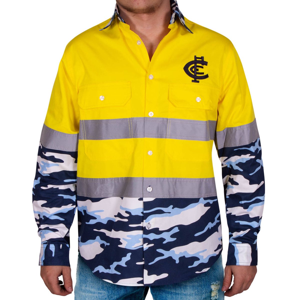 AFL Carlton 'Camo' Hi-Vis L/S Cotton Drill Shirt - 3XL - Bunnings Australia