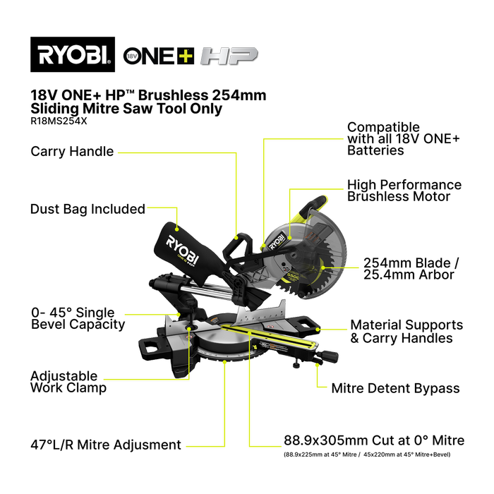 Ryobi 18V ONE+ 254mm HP Brushless Sliding Mitre Saw R18MS254X - Tool ...