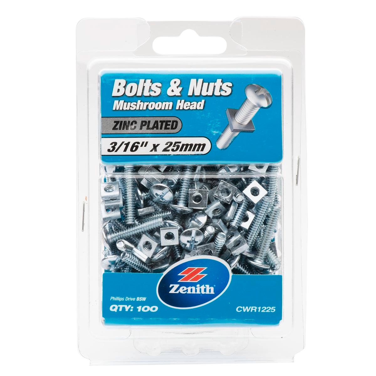 Zenith 3/16" x 25mm Zinc Plated Mushroom Head Bolt And Nut - 100 Pack ...