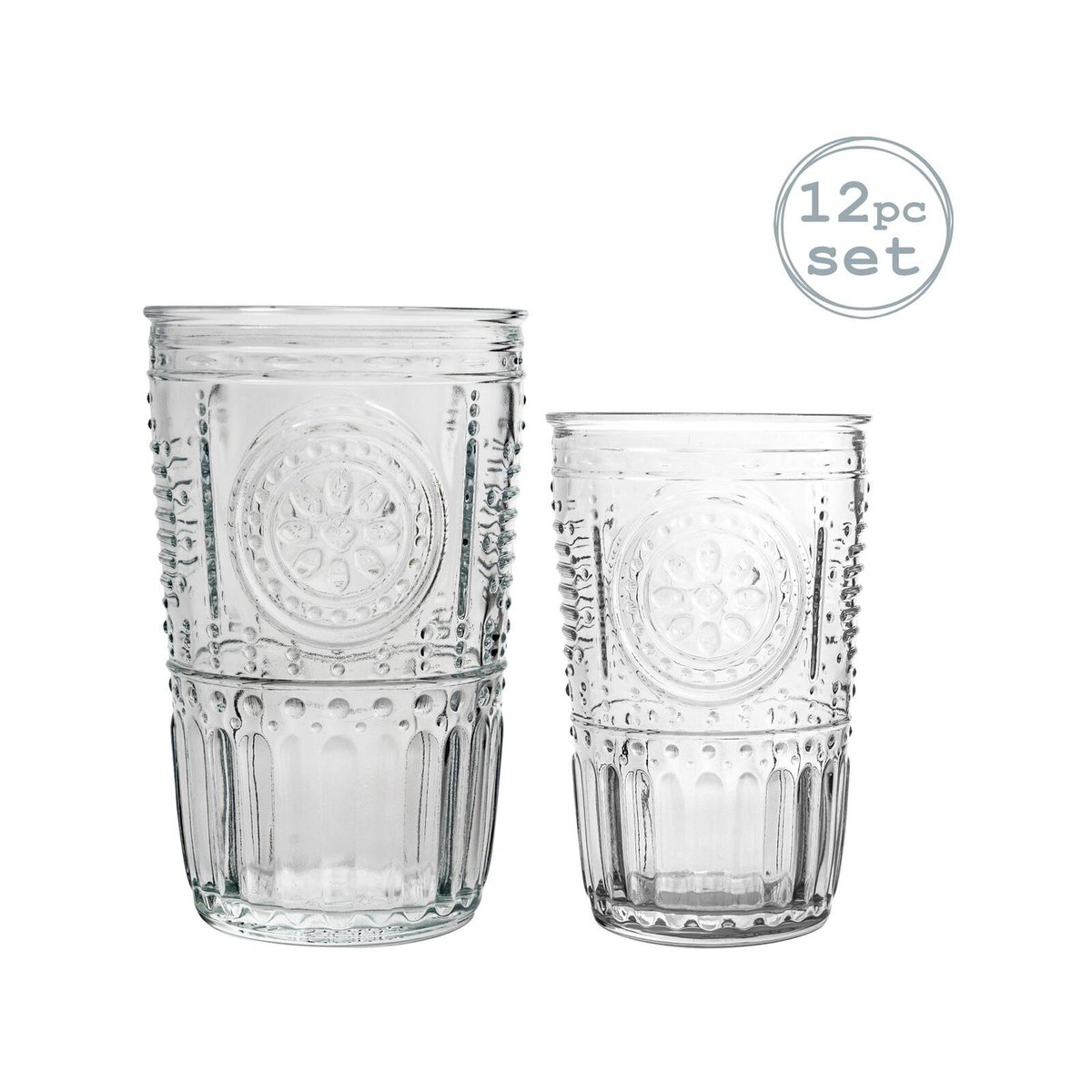 Bormioli Rocco Romantic Water Tumblers and Highball Cocktail Glasses - 305ml, 475ml - 12pc Set ...