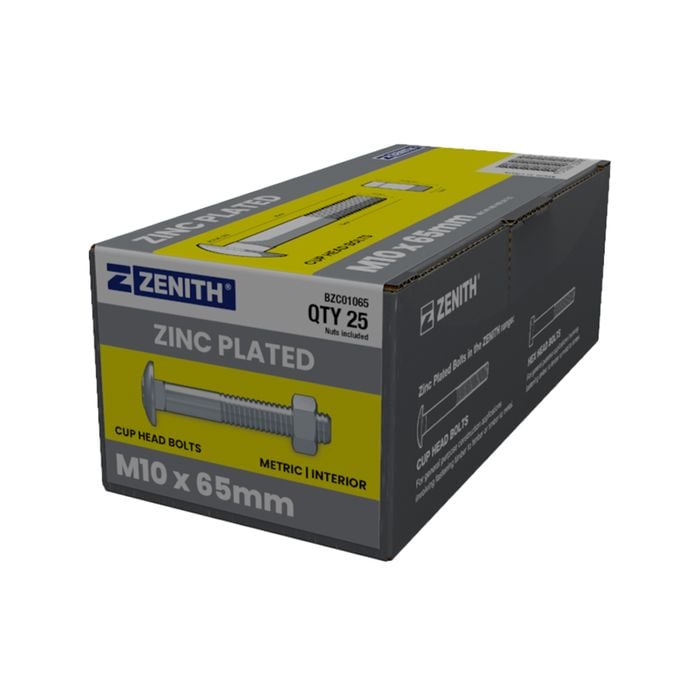 ZENITH M10 x 65mm Zinc Plated Cup Head Bolts and Nuts - 25 Pack - Bunnings Australia