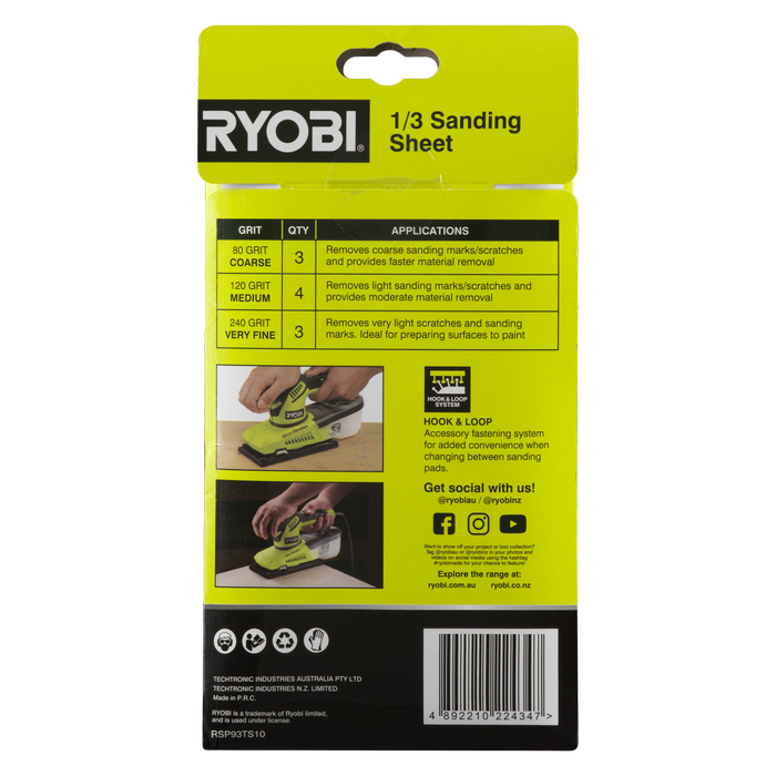 Ryobi 10 Piece 1/3 Sheet Sanding Set - Bunnings Australia