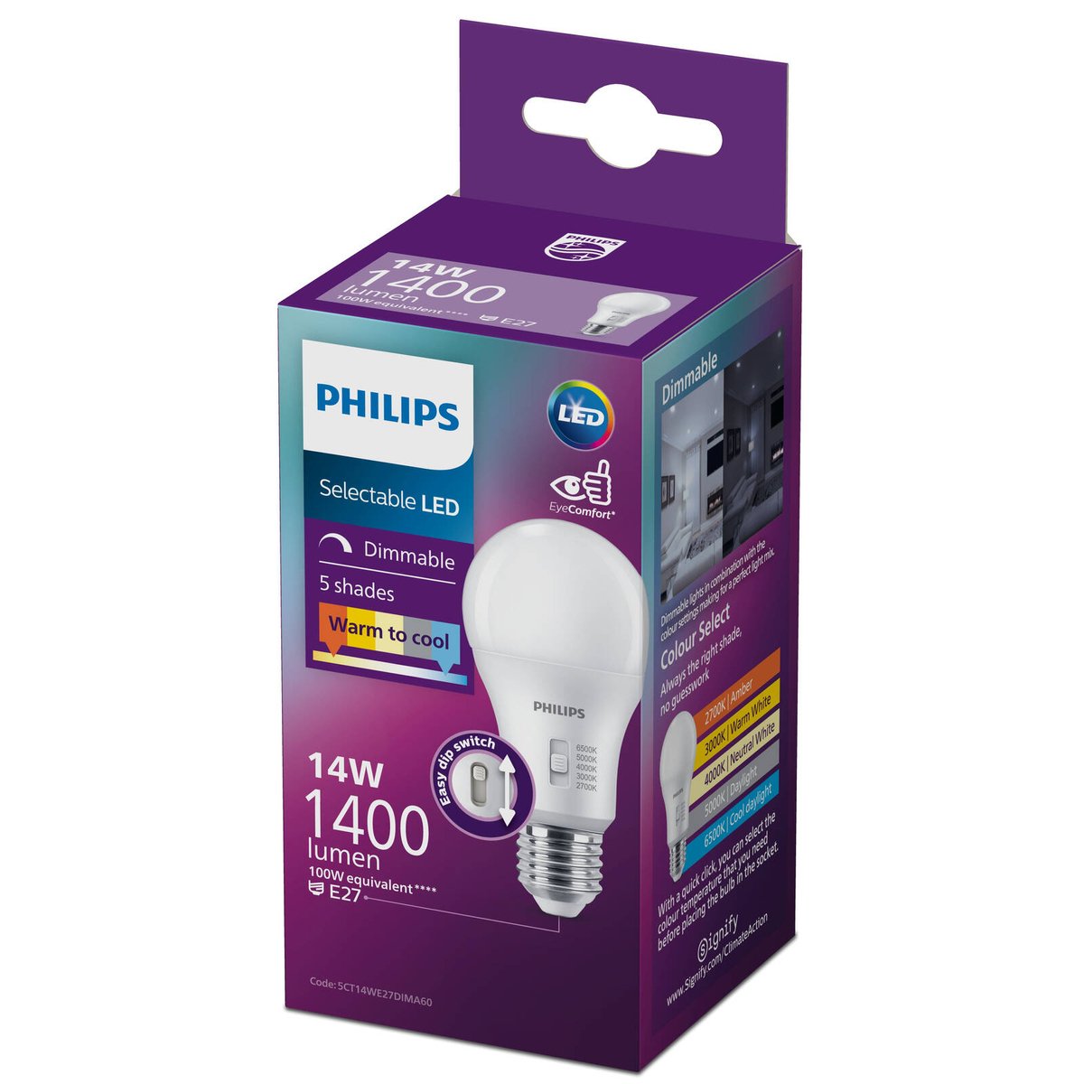 Philips A60 E27 LED 1400lm 5CCT 14W Dimmable Globe - Bunnings New Zealand