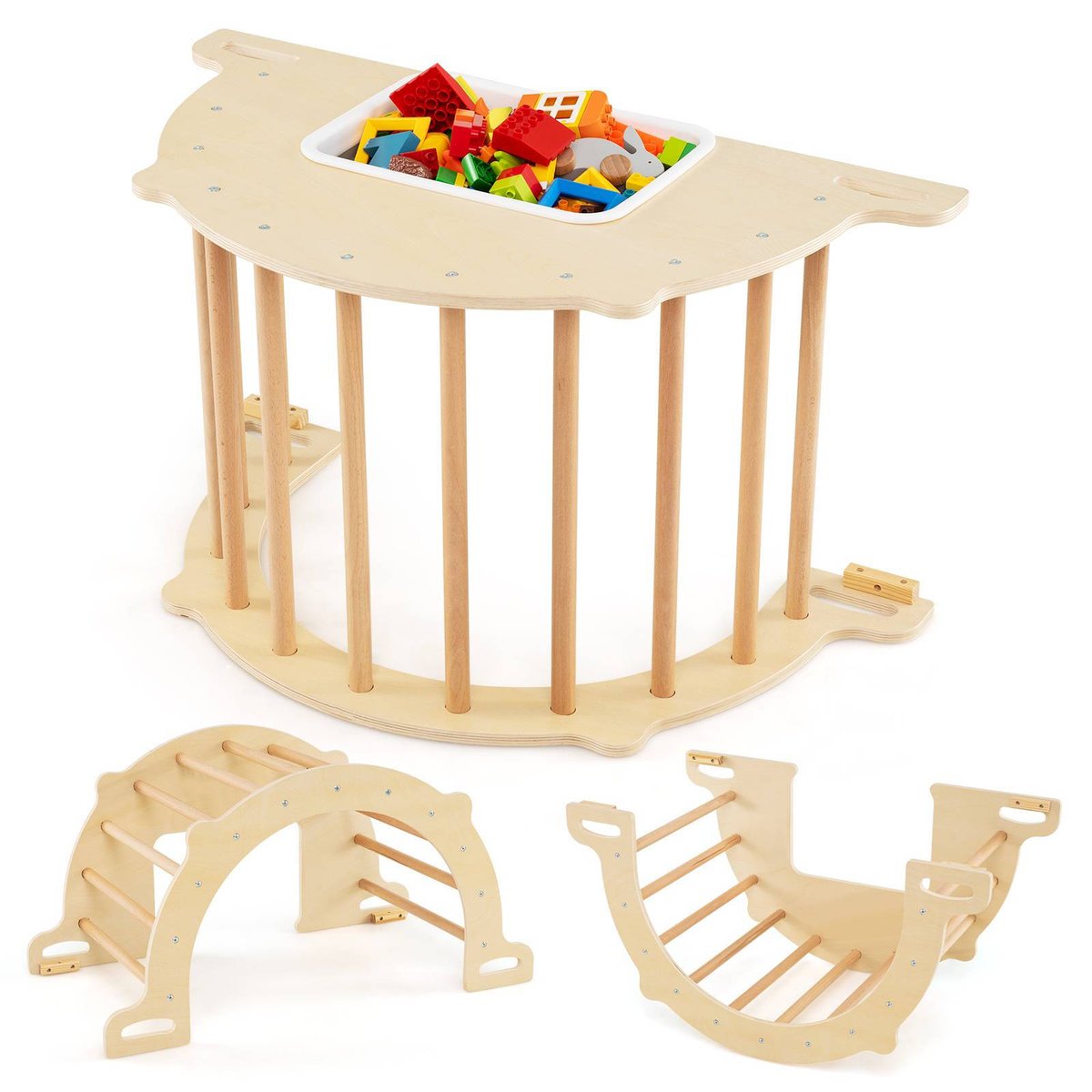 Costway Kids Climbing Arch Sensory Table Wooden Rocker Playset ...