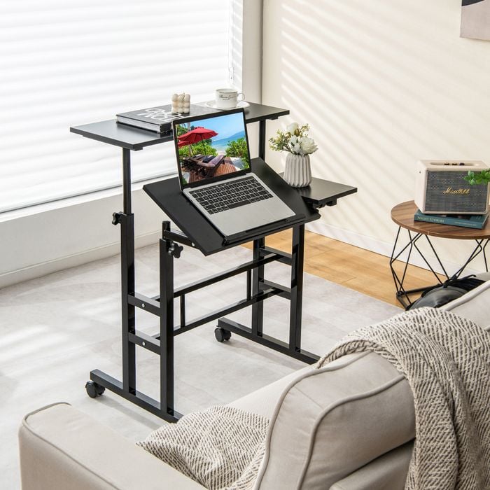 Costway Mobile Stand Up Computer Desk Laptop Cart W/2 Tilting Desktops ...