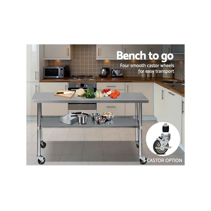 Cefito 1829x610mm Commercial Stainless Steel Kitchen Bench w/ Wheels ...