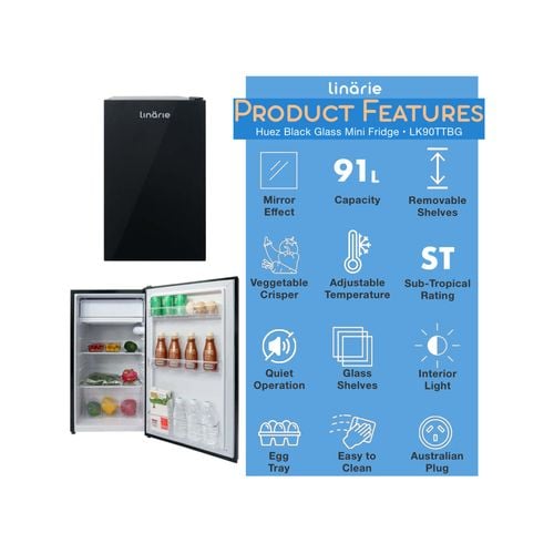 Huez 91L Black Glass Mini Fridge with Built-in Freezer Compartment ...