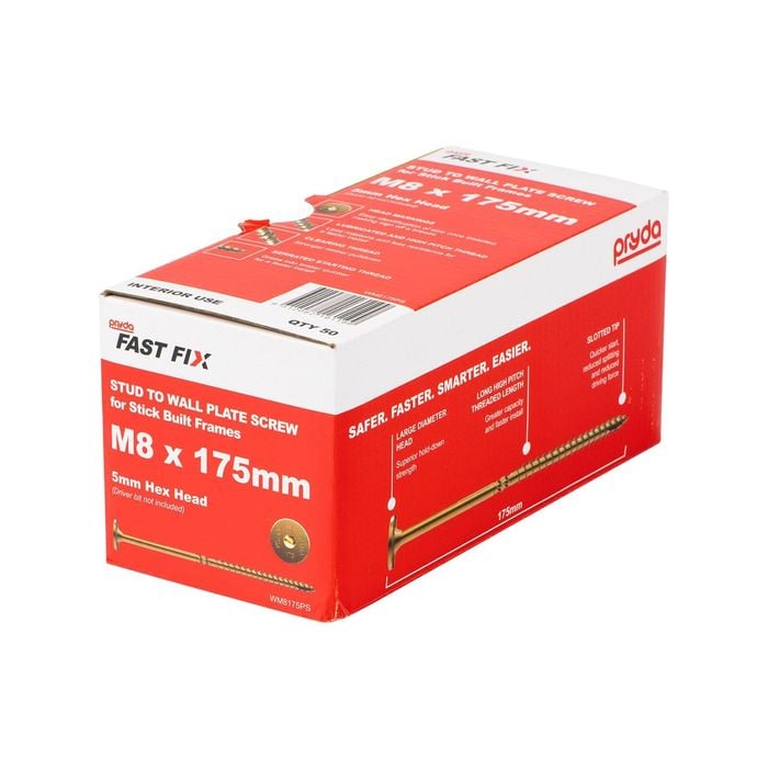 Pryda M8 x 175mm FastFix Stud To Wall Plate Screw - 50 Box - Bunnings ...
