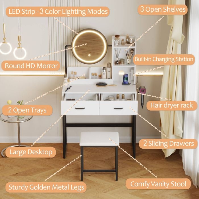 Advwin Dressing Table Set with Power Outlet and LED Light 360 ...