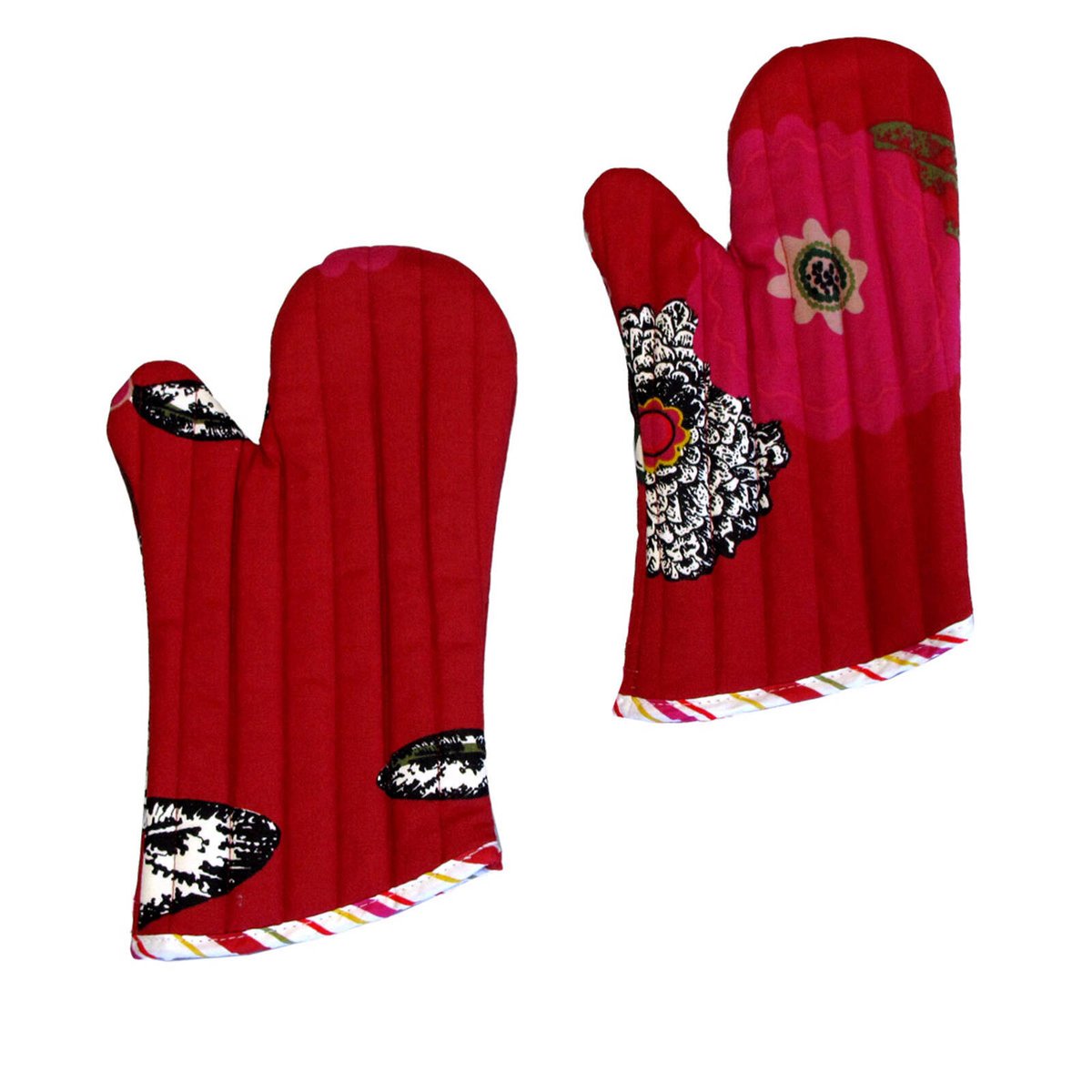 Set of 2 100% Cotton Printed Oven Mitts 34 x 15 cm Red Floral ...