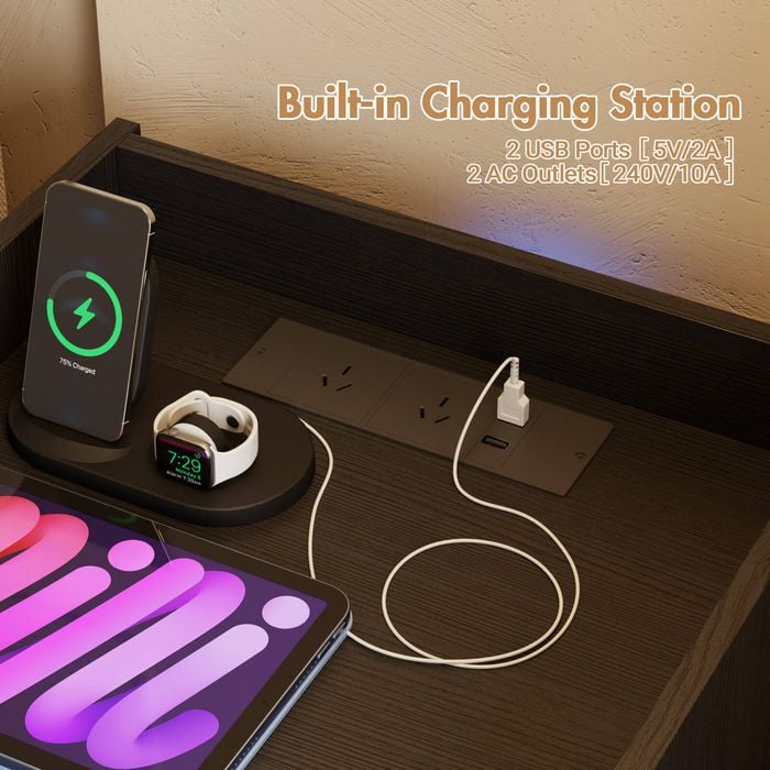 Advwin Bedside Table Set of 2 RGB LED Nightstand Charging Station 3 ...