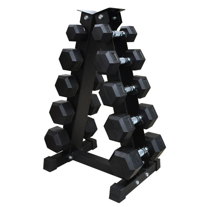 2-4-6-8-10kg Total 60kg 5 Pair Hex Rubber Dumbell Weight Set with Rack - Bunnings Australia