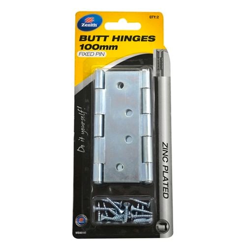 Zenith Butt Hinge Fixed Pin 100mm ZP 2pk - Bunnings New Zealand