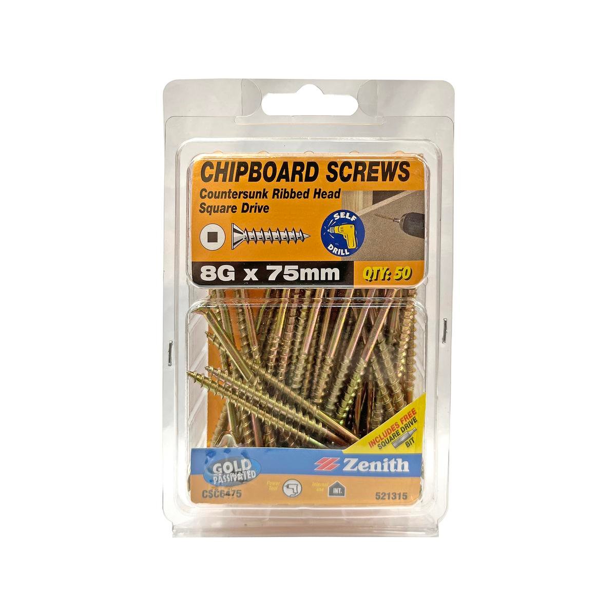 Zenith 8G x 75mm Gold Passivated Square Drive Chipboard Screw - 50 Pack ...