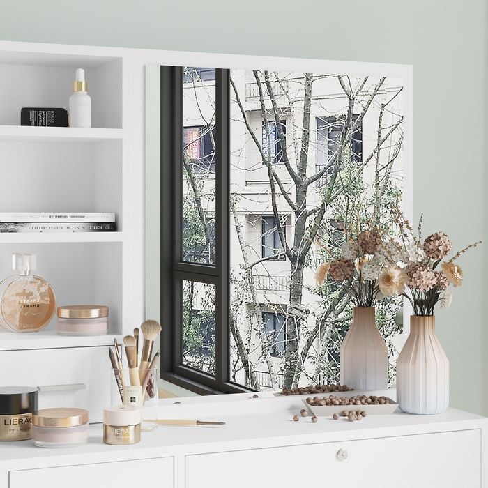 Advwin Dressing Table Set with Slide Mirror and Stool Vanity Desk Hiden ...