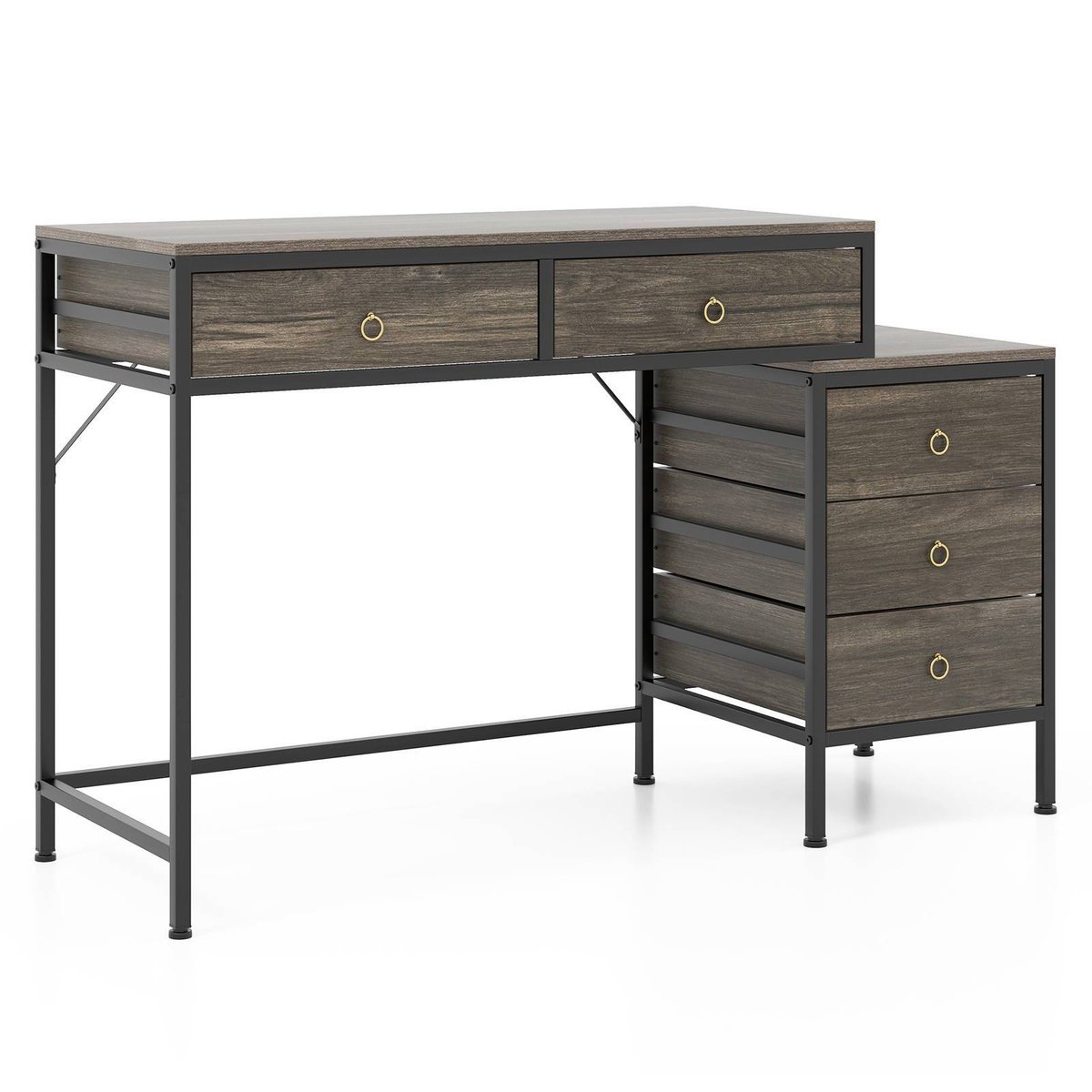 Costway 130cm 5-Drawer Vintage Computer Desk Gaming Table Grey ...
