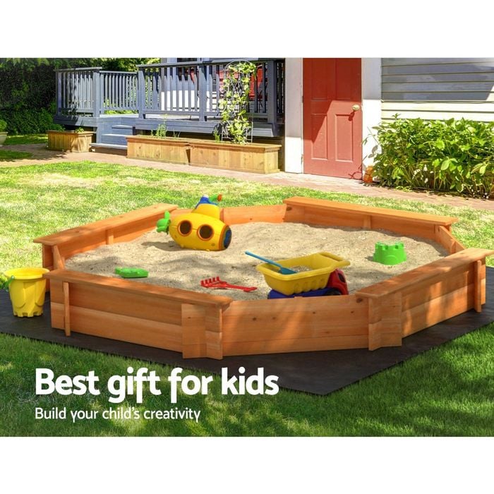 Keezi Kids Sandpit Wooden Round Sand Pit with Cover Bench Seat Beach ...