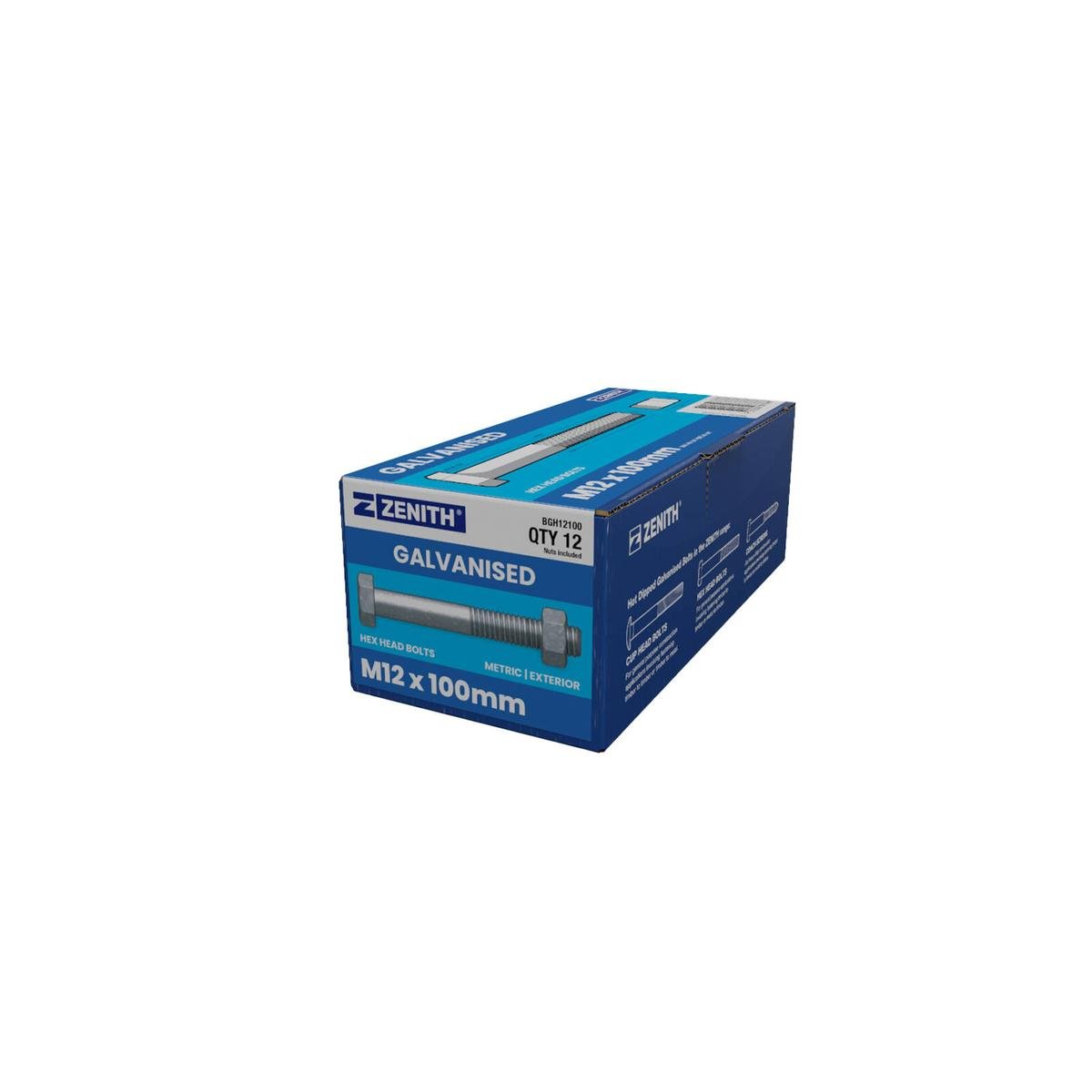 ZENITH M12 x 100mm Hot Dip Galvanised Hex Head Bolts and Nuts - 12 Pack ...