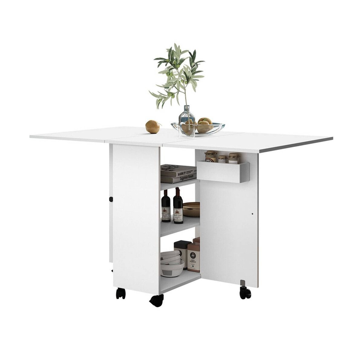 Luxsuite Wooden Folding Dining Table with Shelves Wheels - Bunnings ...