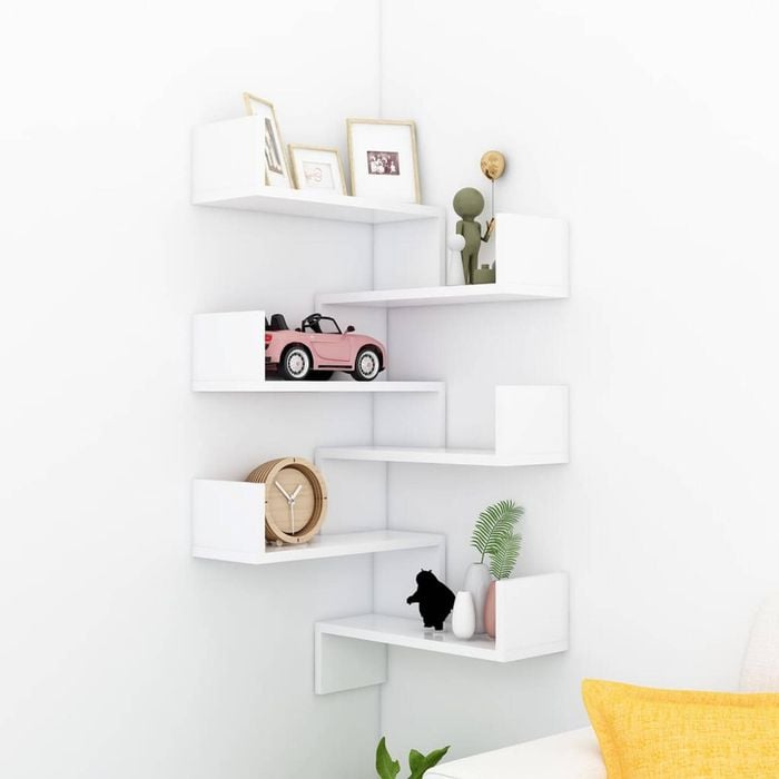 vidaXL 2x Wall Corner Shelves White Engineered Wood Hanging Rack ...