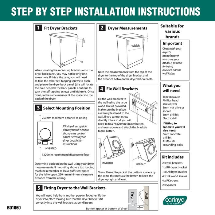 Carinya Universal Clothes Dryer Wall Mount Kit - Bunnings New Zealand