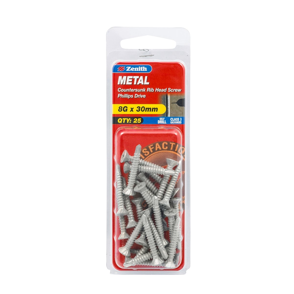 Zenith 8G x 30mm Galvanised Countersunk Rib Head Metal Screws - 25 Pack ...