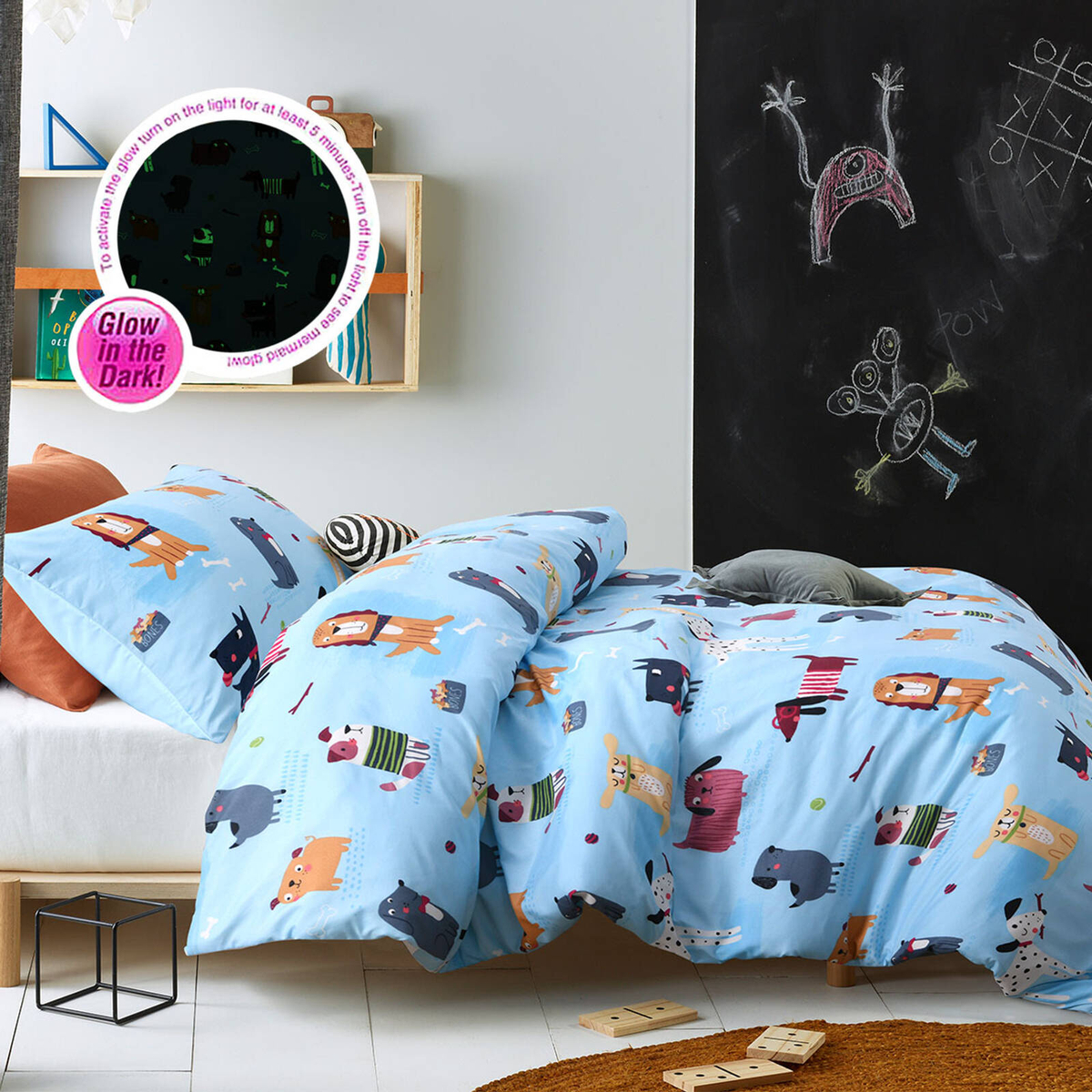 Happy Kids Woof Glow in the Dark Quilt Cover Set Double - Bunnings ...