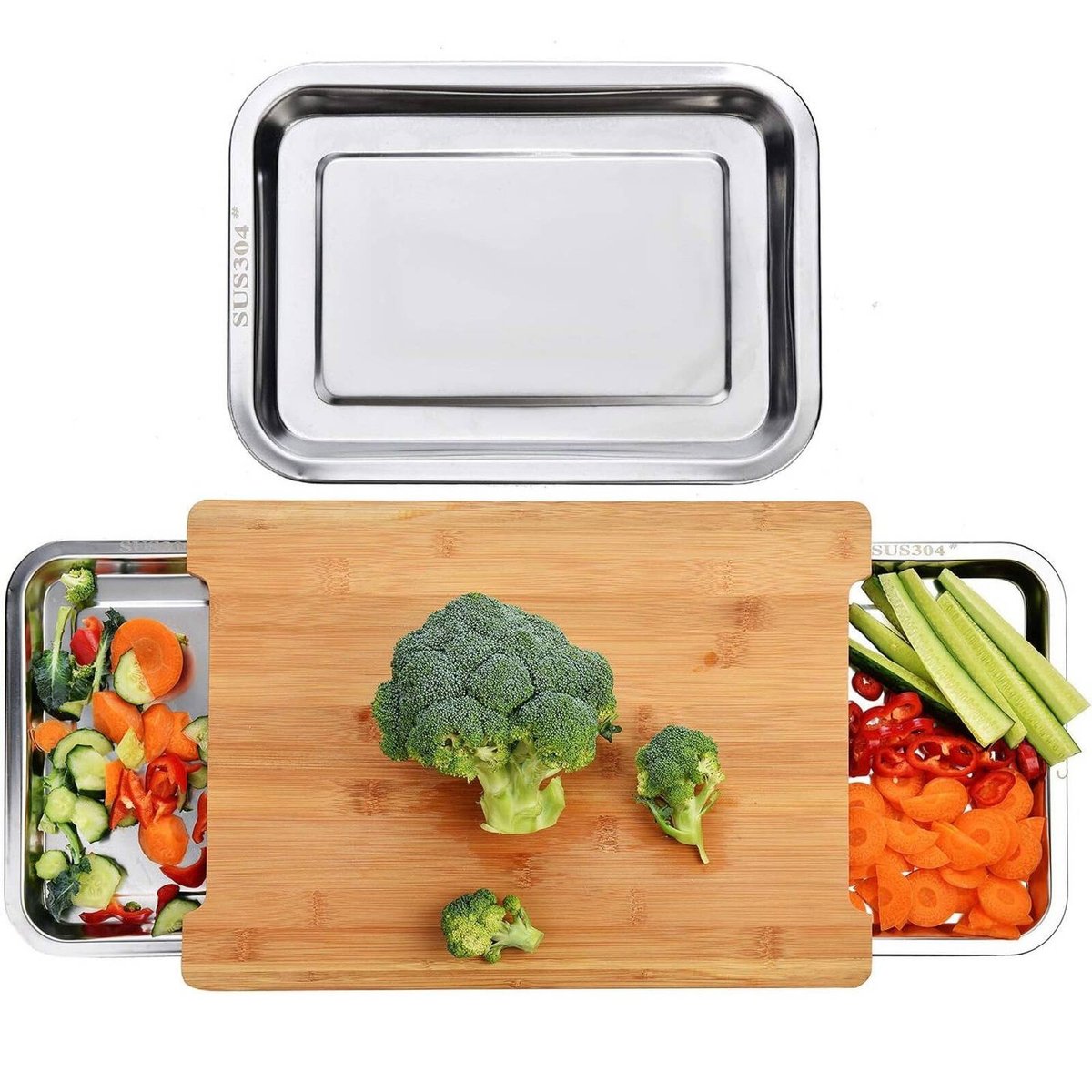 CARLA HOME Chopping Board with with 2 Organiser Stainless Steel Trays ...