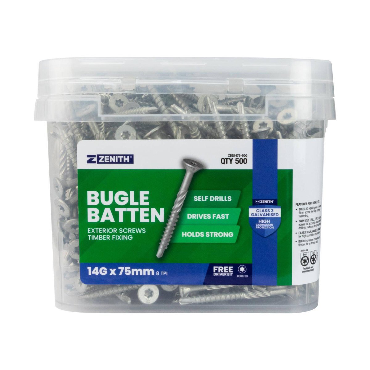 ZENITH 14G - 8 x 75mm Class 3 Galvanised Bugle Batten Screws - 500 Pack ...