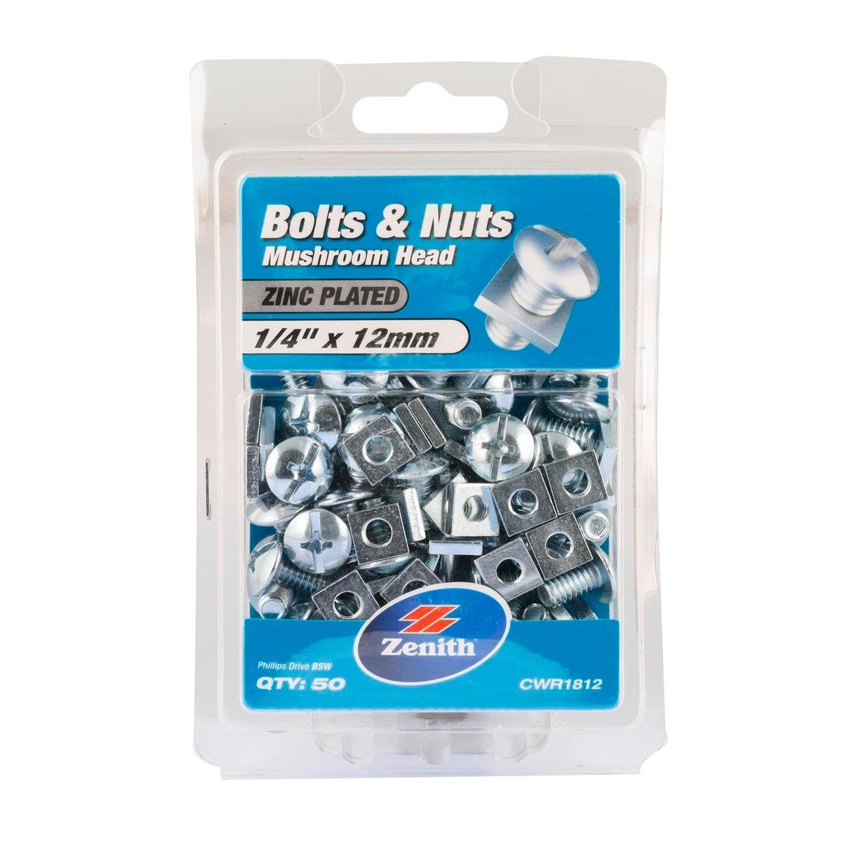 Zenith 1/4" x 12mm Zinc Plated Mushroom Head Bolts And Nuts - 50 Pack ...
