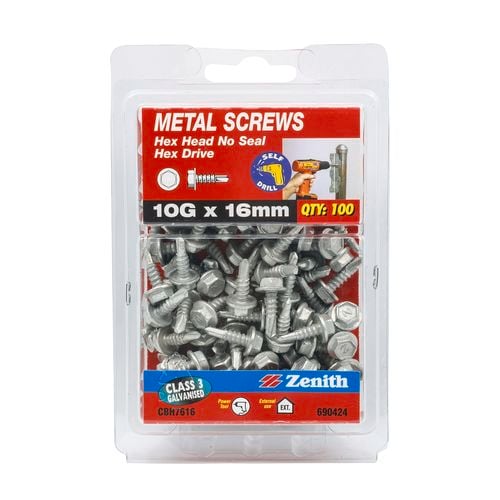 Zenith 10G x 16mm Galvanised Hex Head Metal Screws - 100 Pack ...
